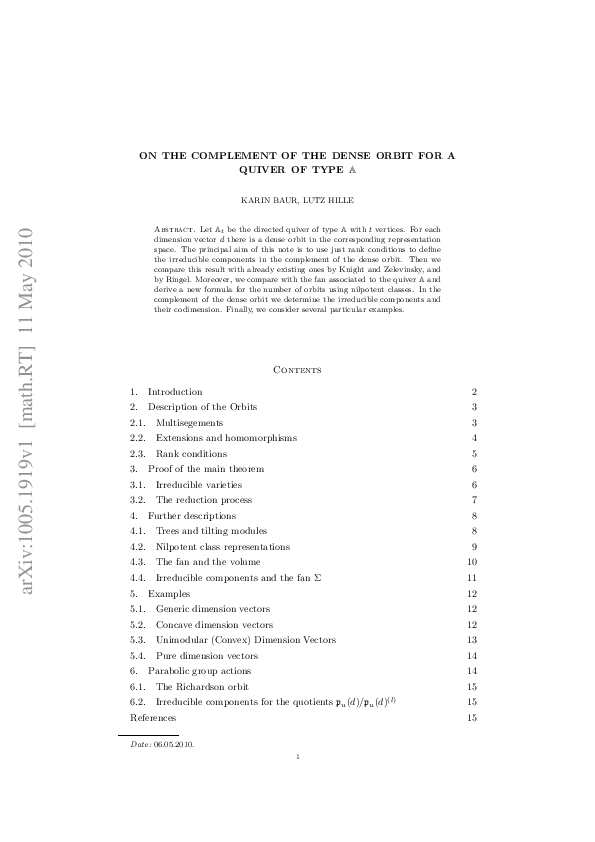 (PDF) On the Complement of the Dense Orbit for a Quiver of Type 𝔸