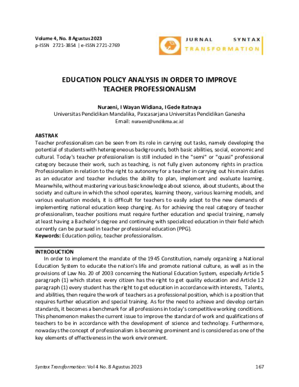 (PDF) Education Policy Analysis in Order to Improve Teacher Professionalism