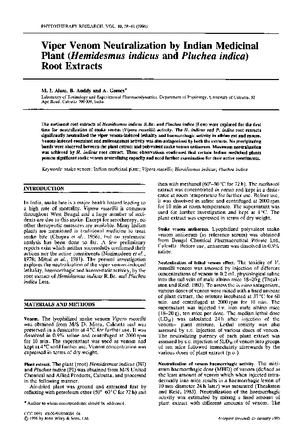 (PDF) Viper venom neutralization by Indian medicinal plant (Hemidesmus ...