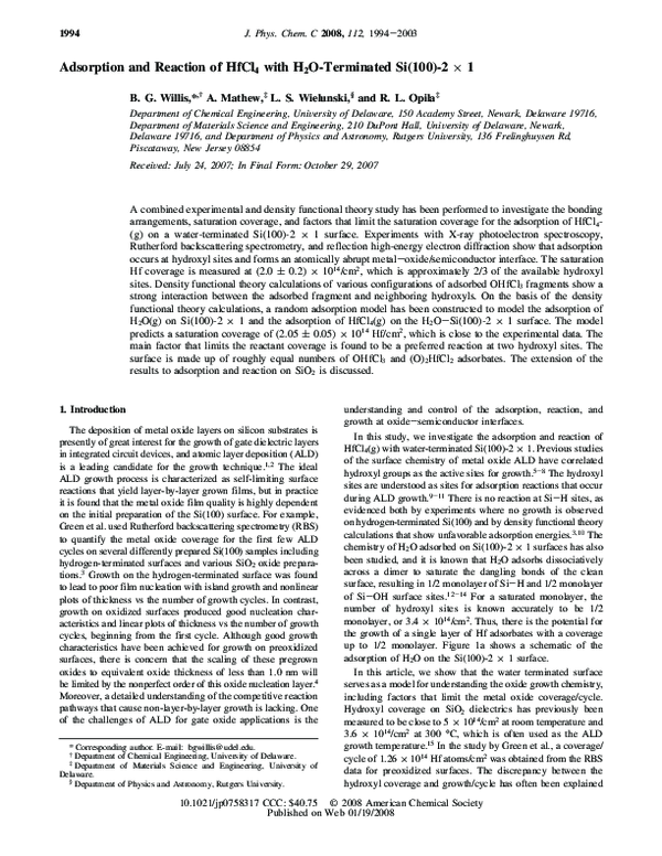 (PDF) Adsorption and Reaction of HfCl4 with H2O-Terminated Si(100)-2 × 1