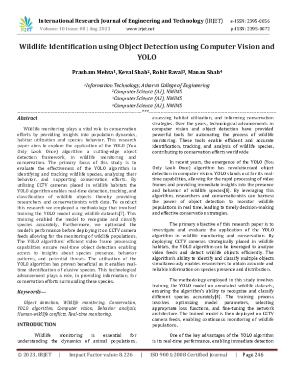 Pdf Wildlife Identification Using Object Detection Using Computer Vision And Yolo