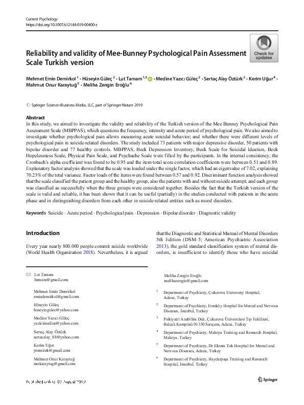 (PDF) Reliability and validity of Mee-Bunney Psychological Pain Assessment Scale Turkish version
