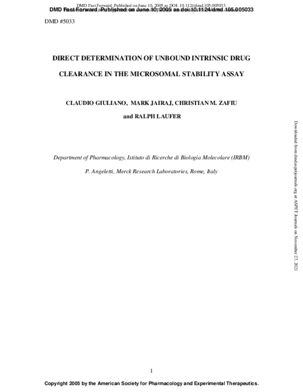 (PDF) Direct Determination of Unbound Intrinsic Drug Clearance in the ...