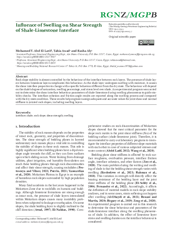 (PDF) Influence of Swelling on Shear Strength of Shale-Limestone ...