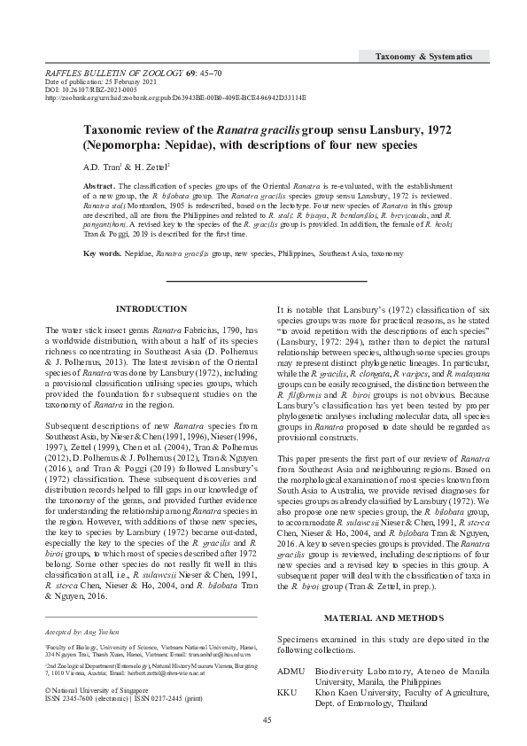 (PDF) Taxonomic review of the Ranatra gracilis group sensu Lansbury ...