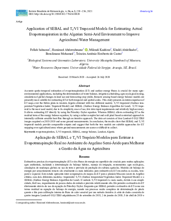 (PDF) Application of SEBAL and Ts/VI Trapezoid Models for Estimating Actual Evapotranspiration ...