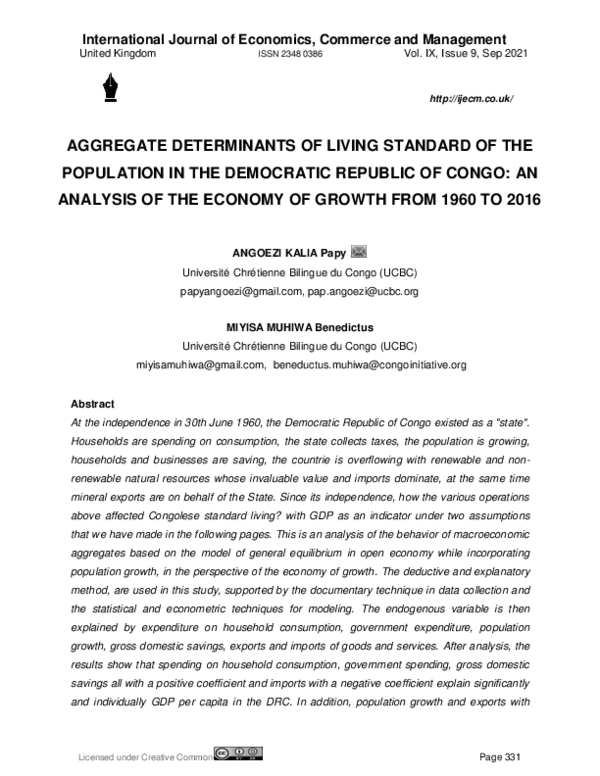 (PDF) AGGREGATE DETERMINANTS OF LIVING STANDARD OF THE POPULATION IN THE DEMOCRATIC REPUBLIC OF ...