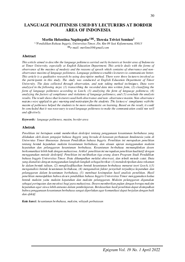 (PDF) Language Politeness Used by Lecturers at Border Area of Indonesia