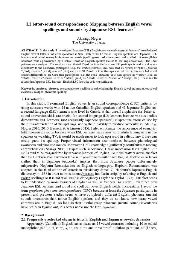 (PDF) L2 letter-sound correspondence: Mapping between English vowel spellings and sounds by ...