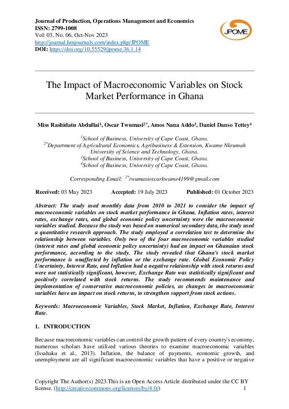 Pdf The Impact Of Macroeconomic Variables On Stock Market Performance In Ghana