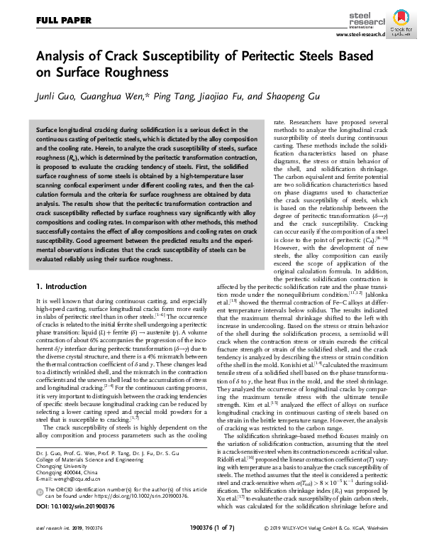(PDF) Analysis of Crack Susceptibility of Peritectic Steels Based on Surface Roughness