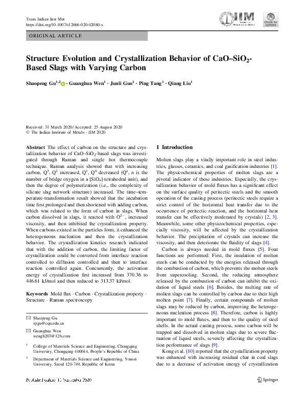 Pdf Structure Evolution And Crystallization Behavior Of Cao Sio2 Based Slags With Varying Carbon