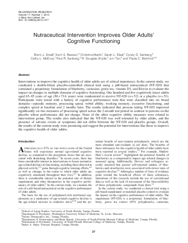 (PDF) Nutraceutical Intervention Improves Older Adults' Cognitive Functioning