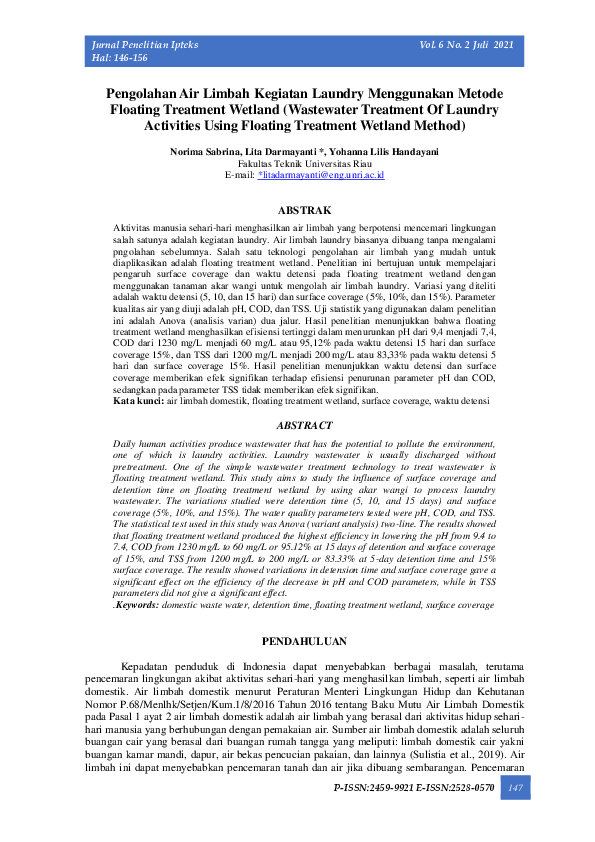 (PDF) Pengolahan Air Limbah Kegiatan Laundry Menggunakan Metode Floating Treatment Wetland ...
