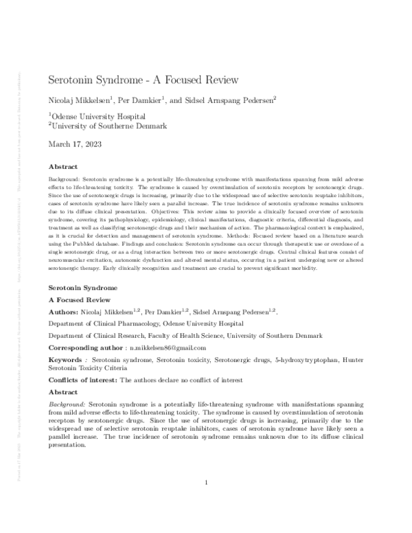 Pdf Serotonin Syndrome A Focused Review