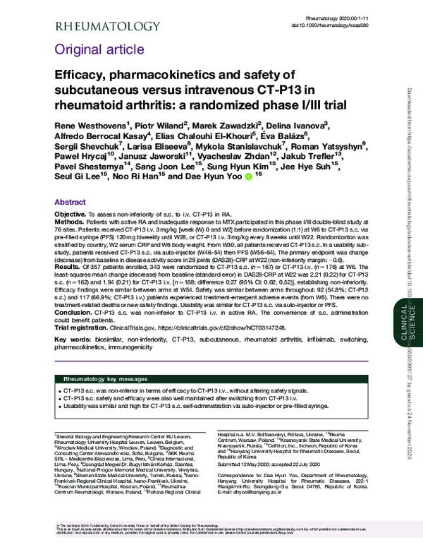 (PDF) Efficacy, pharmacokinetics and safety of subcutaneous versus intravenous CT-P13 in ...