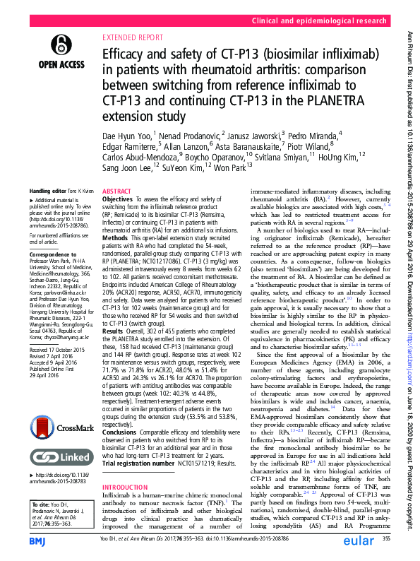(PDF) Efficacy and safety of CT-P13 (biosimilar infliximab) in patients with rheumatoid ...