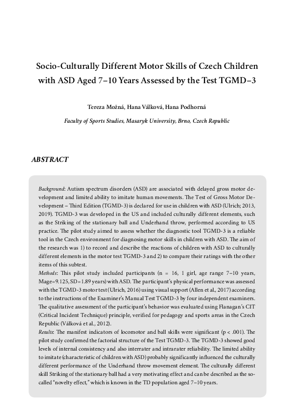 (PDF) Socio-Culturally Different Motor Skills of Czech Children with ...