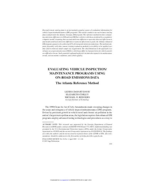 (PDF) Evaluating Vehicle Inspection/Maintenance Programs Using On-Road Emissions Data
