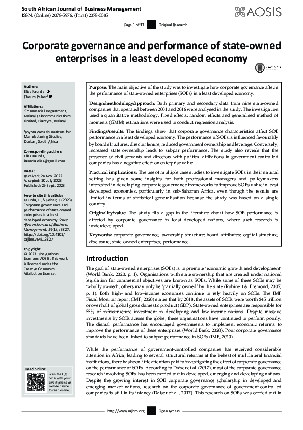 (PDF) Corporate governance impact on state-owned enterprise performance ...