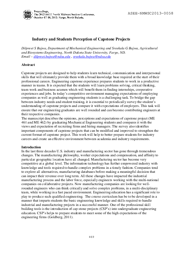 (PDF) Industry and Students Perception of Capstone Projects