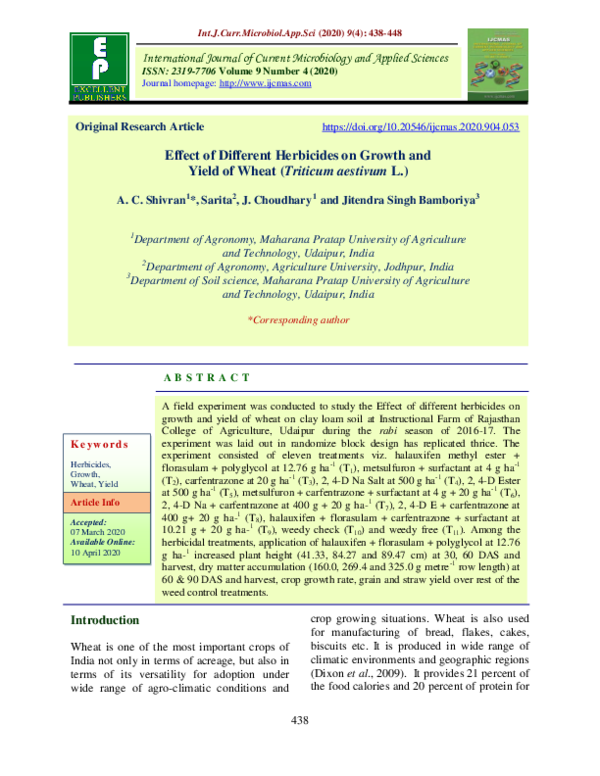Pdf Effect Of Different Herbicides On Growth And Yield Of Wheat