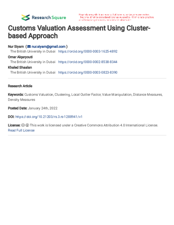 (PDF) Customs Valuation Assessment Using Cluster-based Approach