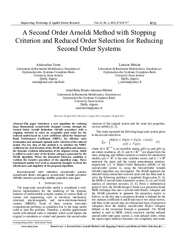 (PDF) A Second Order Arnoldi Method with Stopping Criterion and Reduced Order Selection for ...