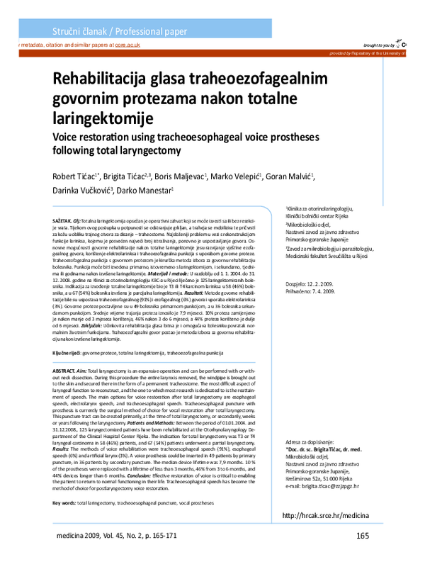 (PDF) Voice Restoration Using Tracheoesophageal Voice Prostheses ...
