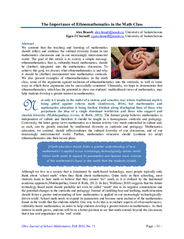 (PDF) The Importance of Ethnomathematics in the Math Class