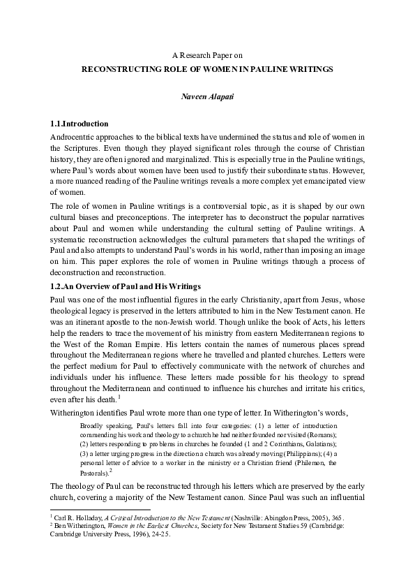 (PDF) Reconstructing the Role of Women in Pauline Writings