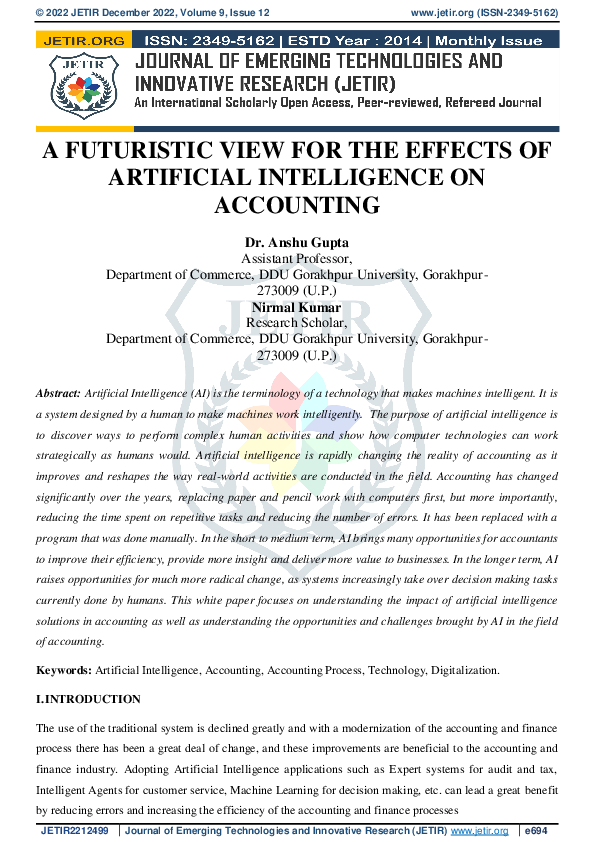 (PDF) A FUTURISTIC VIEW FOR THE EFFECTS OF ARTIFICIAL INTELLIGENCE ON ACCOUNTING