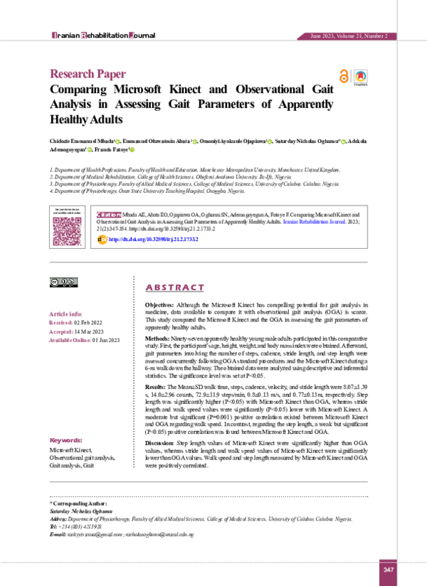 (PDF) Research Paper Comparing Microsoft Kinect and Observational Gait Analysis in Assessing ...