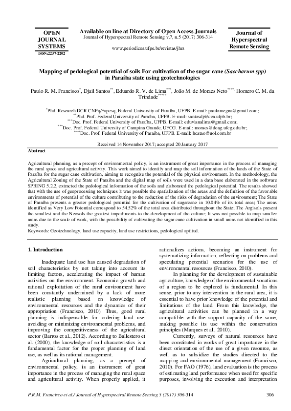 MAPPING OF PEDOLOGICAL POTENTIAL OF SOILS FOR CULTIVATION OF THE SUGAR ...