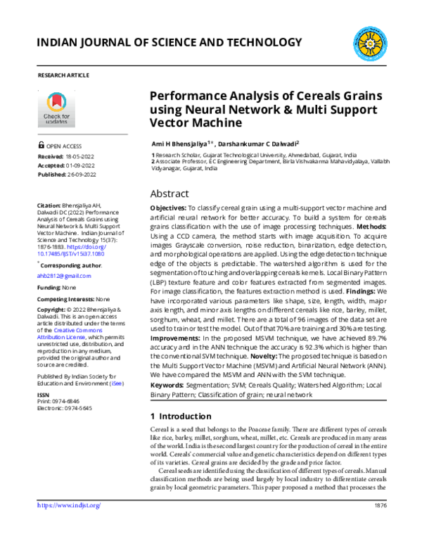 (PDF) Performance Analysis of Cereals Grains using Neural Network & Multi Support Vector Machine
