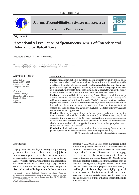 (PDF) Biomechanical Evaluation of Spontaneous Repair of Osteochondral ...