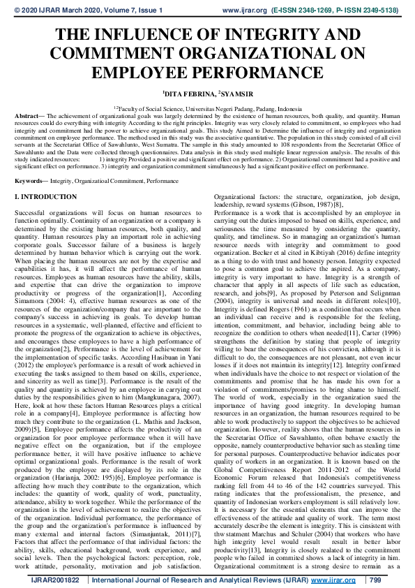 (PDF) The Influence of Integrity and Commitment Organizational on Employee Performance