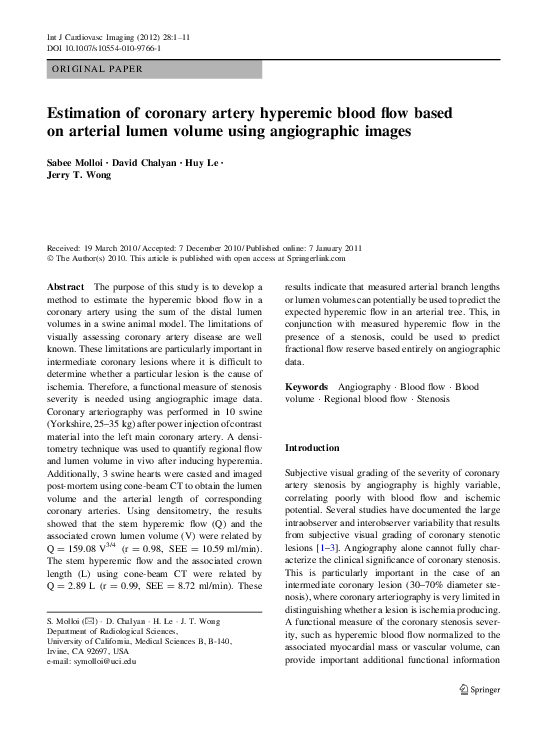 (PDF) Estimation of coronary artery hyperemic blood flow based on ...