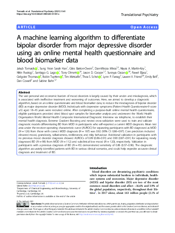 (PDF) A machine learning algorithm to differentiate bipolar disorder ...