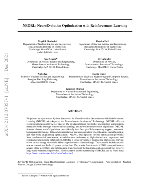 (PDF) NEORL: NeuroEvolution Optimization with Reinforcement Learning