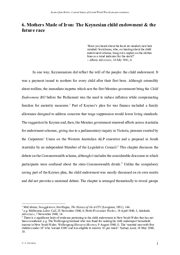 (PDF) Mothers Made of Iron: The Keynesian child endowment & the future race