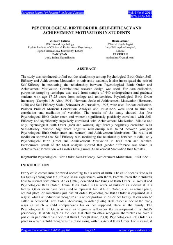 (PDF) Psychological Birth Order, Self-Efficacy and Achievement ...