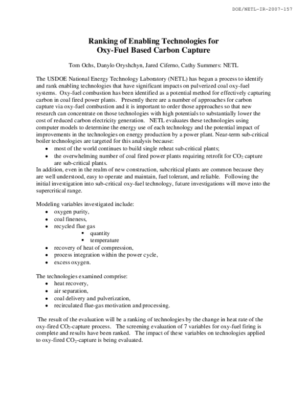 (PDF) Ranking of enabling technologies for oxy-fuel based carbon capture