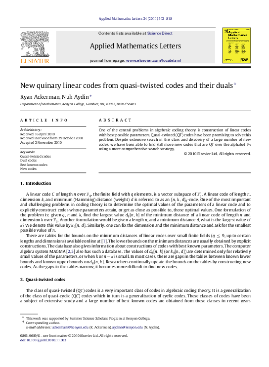 (PDF) New quinary linear codes from quasi-twisted codes and their duals