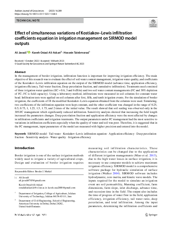 (PDF) Effect of simultaneous variations of Kostiakov–Lewis infiltration ...
