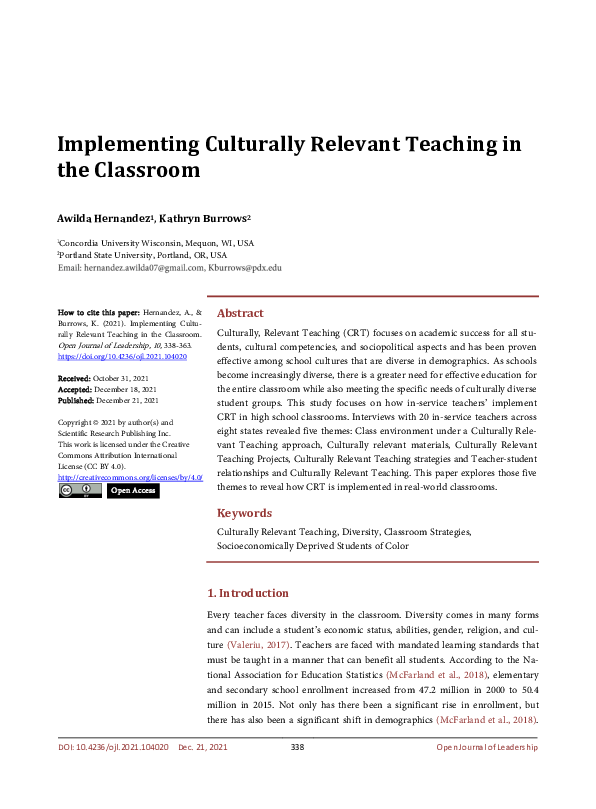 (PDF) Implementing Culturally Relevant Teaching in the Classroom