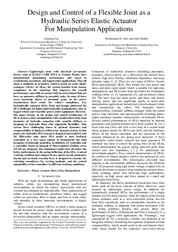(PDF) Design and Control of a Flexible Joint as a Hydraulic Series Elastic Actuator For ...