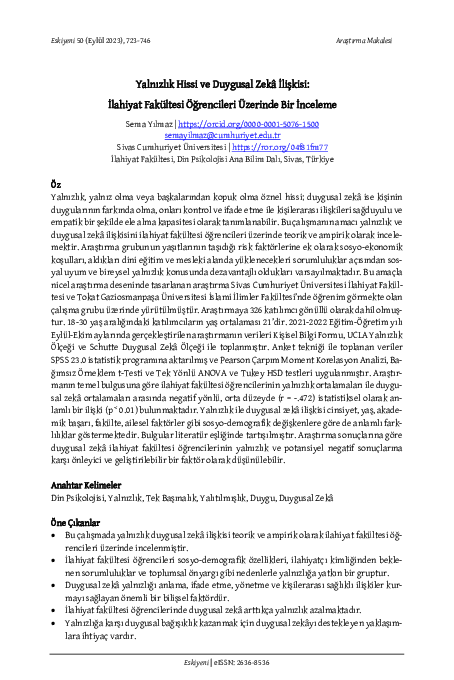 (PDF) Yalnızlık Hissi ve Duygusal Zekâ İlişkisi: İlahiyat Fakültesi ...
