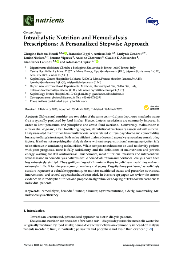(PDF) Intradialytic Nutrition and Hemodialysis Prescriptions: A Personalized Stepwise Approach