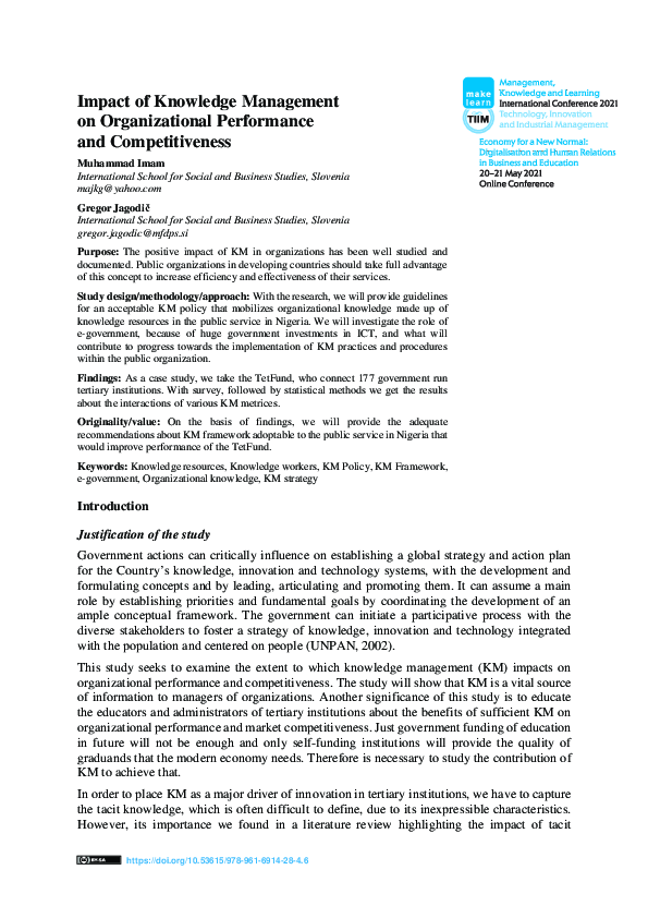 (PDF) Impact of KnowledgeManagement on Organizational Performance and Competitiveness